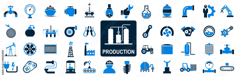 Production industry factory icons set, plant, chemical manufacturing ...