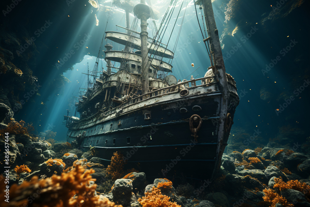 Sunken old wooden ship underwater, pirate ship shipwreck at sea Stock ...