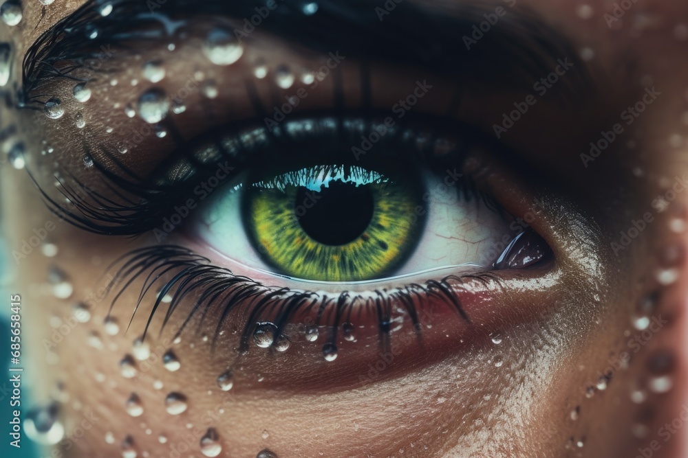 A detailed close-up of a person's eye with water droplets. This image ...