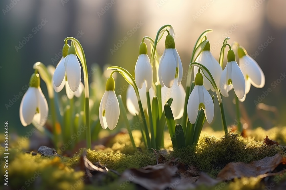 A group of snowdrops basking in the sunlight on a ground covered in ...
