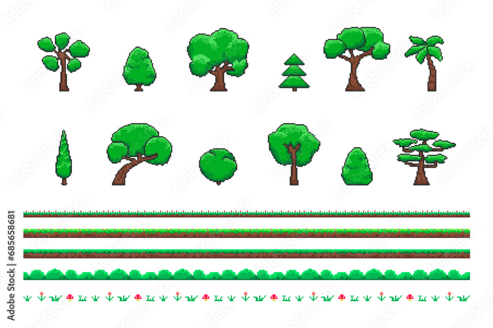 Set of pixel trees and bushes, forest elements 8-bit sprite. 8 bit video game UI elements, trees ...