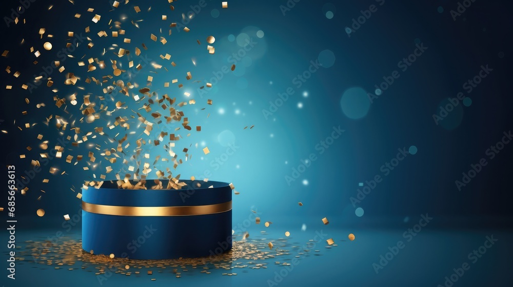 Blue gradient background, blue round box exploding with gold confetti ...