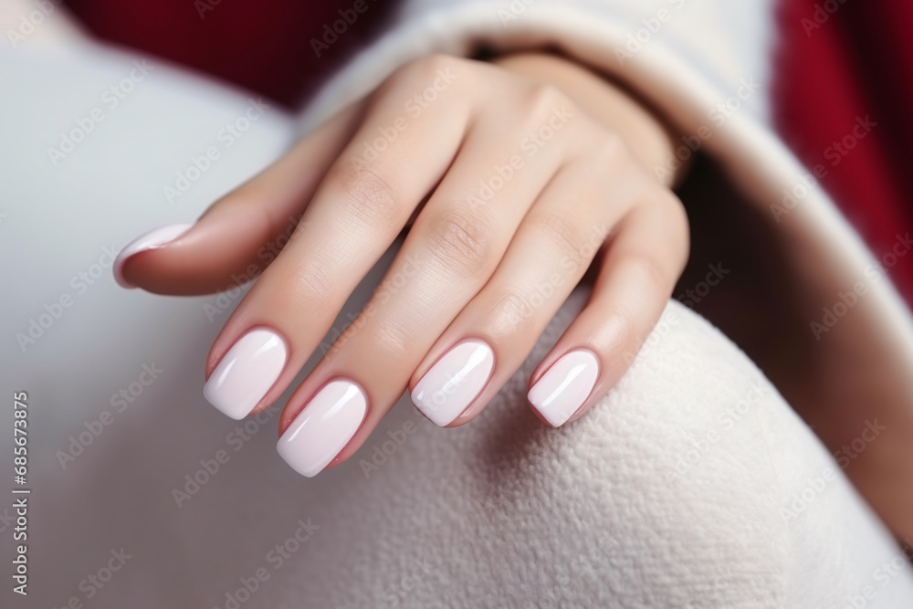 Glamour woman hand with nude shades nail polish on her fingernails ...