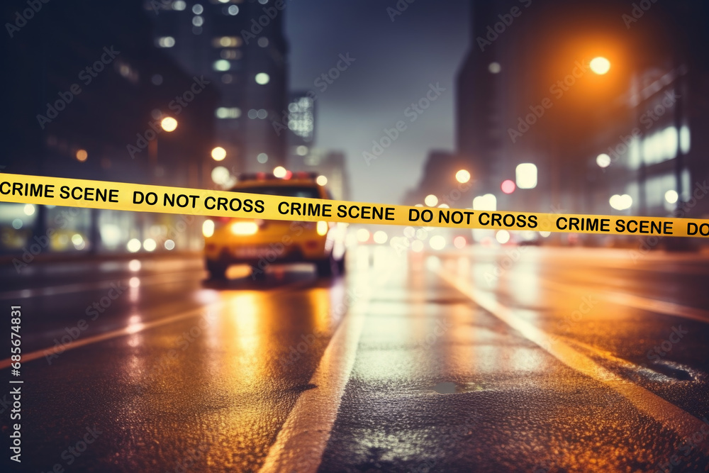 Crime scene tape across street, blurred city background. Represents law ...