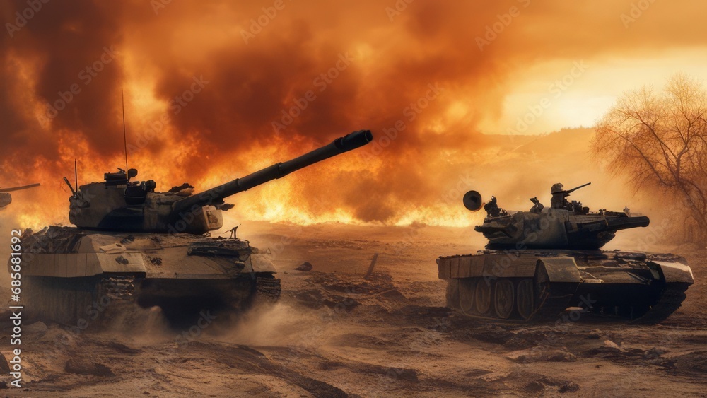 Battlefield, military tanks and dead trees as soldiers march towards of ...