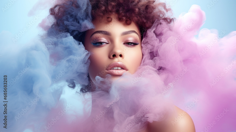 Fashion art portrait of beauty model woman in bright lights with ...