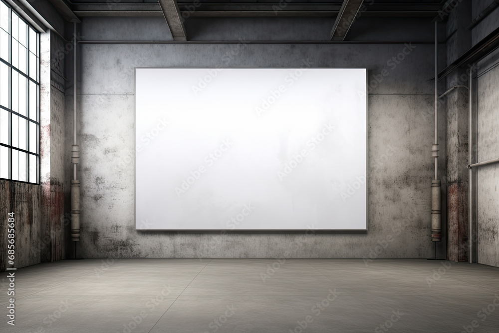 large white blank screen in a empty concrete interior. empty industrial ...