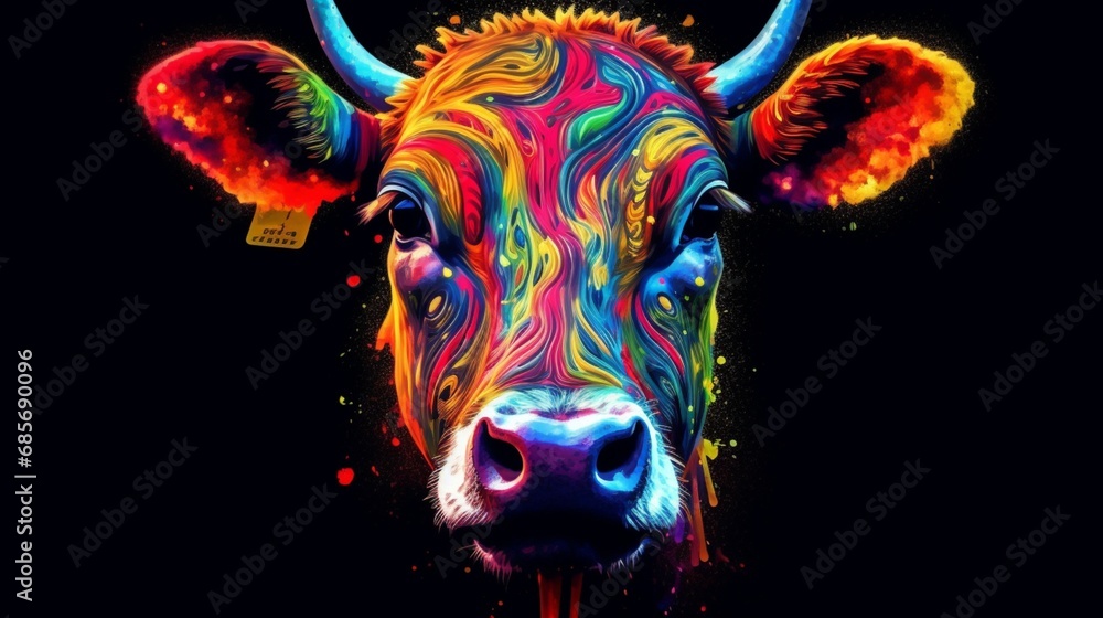 psychedelic portrait art of a cow black background.Generative AI Stock ...