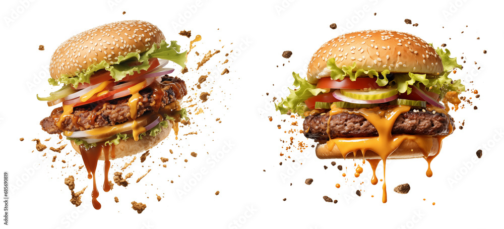 Juicy hamburger. Ingredients fly in the air on transparent background ...