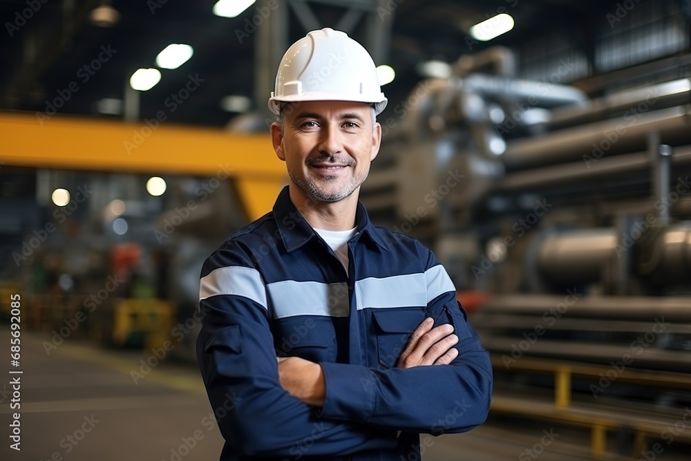 Arbeiter in einer Fabrik mit Helm. Vorarbeiter mit weißem Helm in einer ...