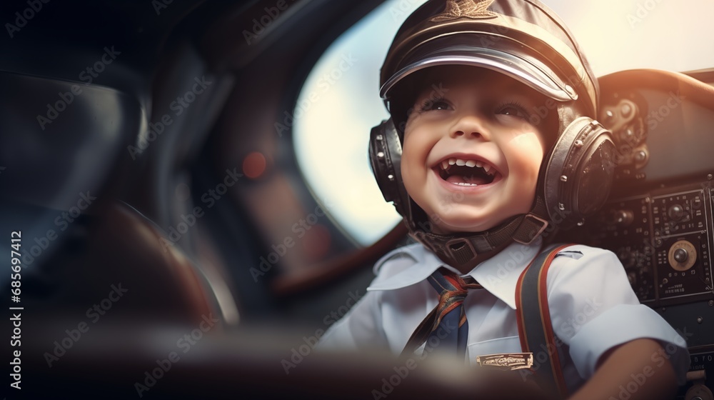Happy kid dream job airplane captain in a pilot suit posing inside the ...