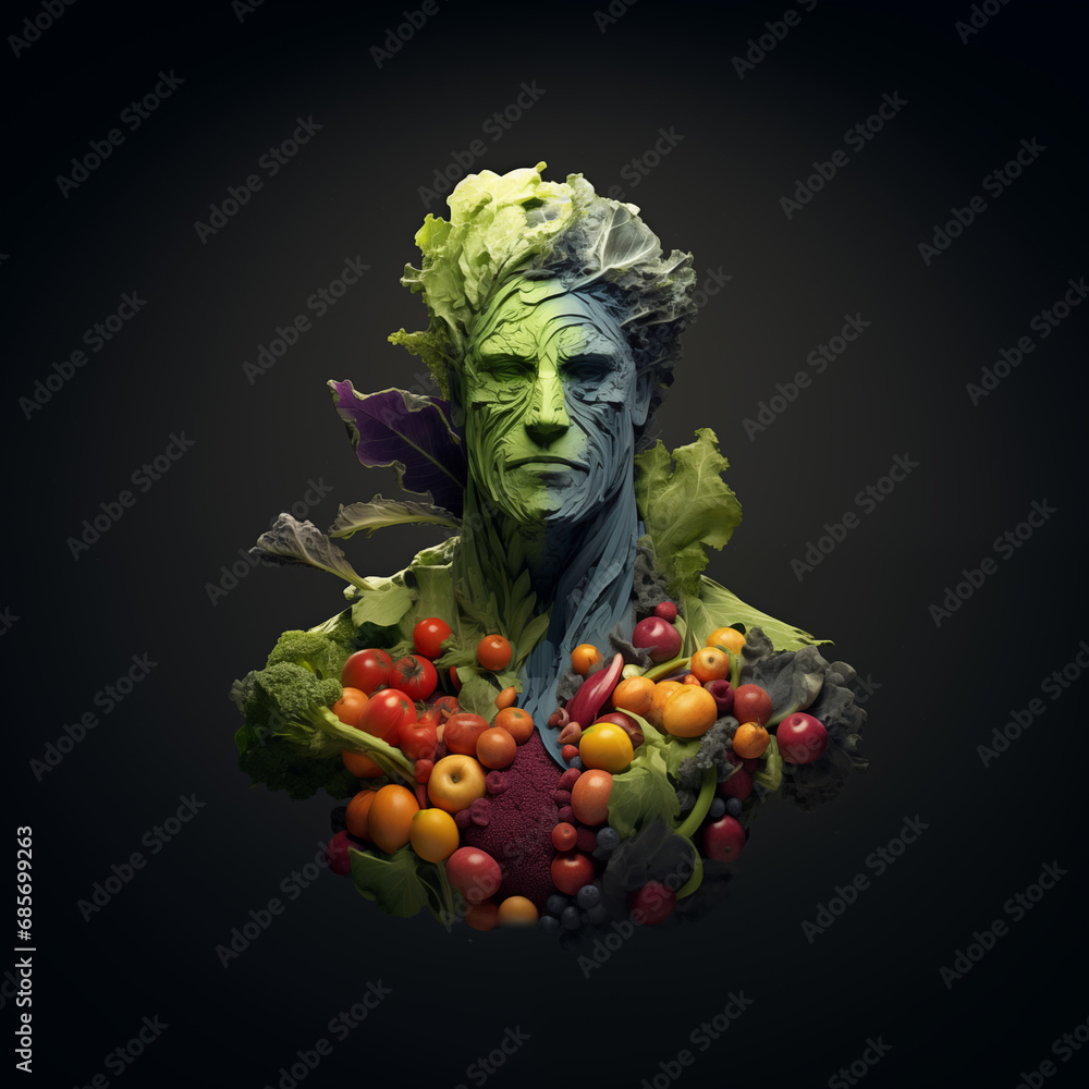Ai surreal picture of a male human body made up of fruits and ...