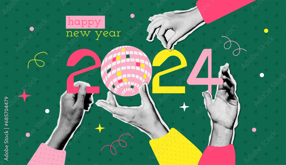 Happy New Year 2024 halftone paper stickers collage. Vector ...