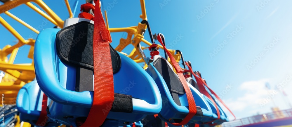 Amusement park roller coaster seating with safety harness system view ...