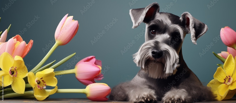 Adorable and well behaved Miniature Schnauzer photographed in a spring ...
