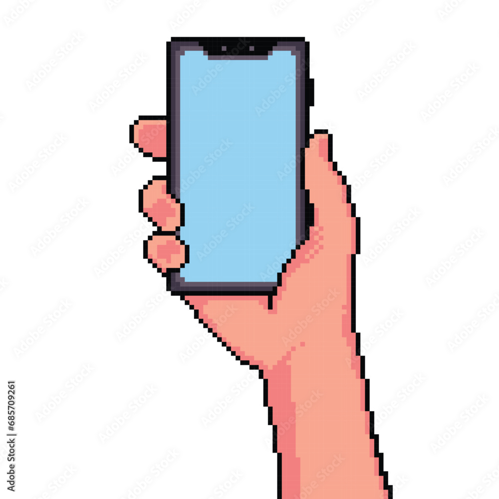 Hand holding phone, catch the phone, 8 bit pixel art, vector ...