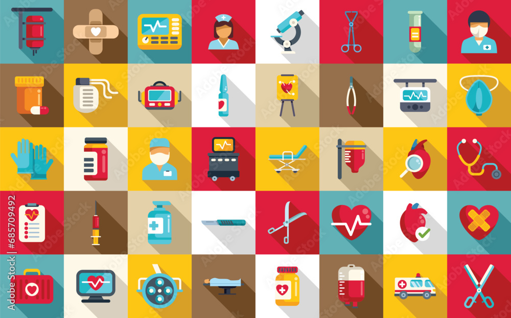 Cardiac surgeon icons set flat vector. Valve aortic stenosis. Mitral ...