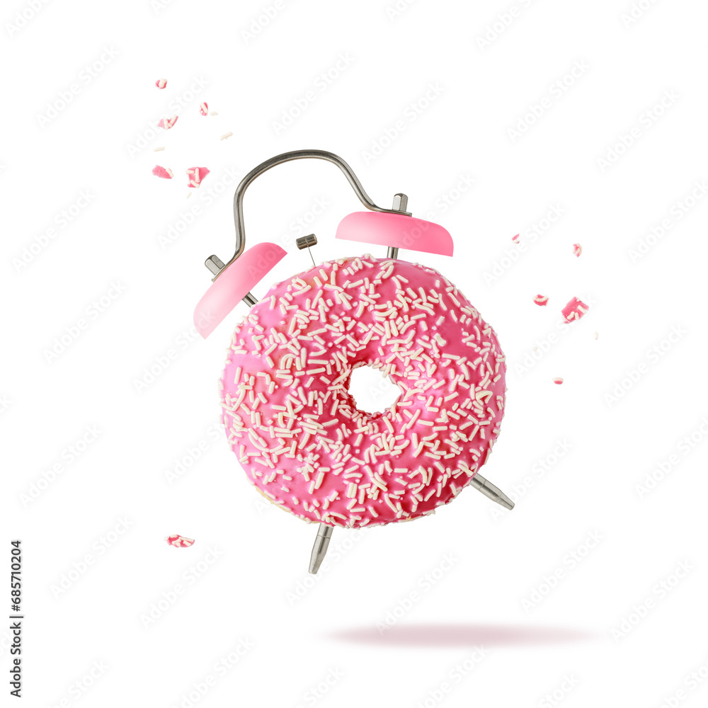 Time for snack dessert. Sweet pink coated glazed donut as alarm clock ...