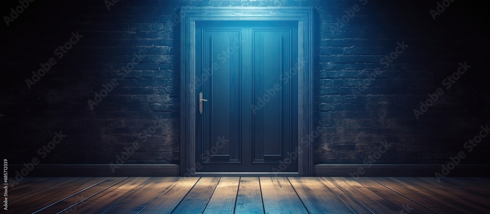 Creative background blue wooden door in a box transitioning to new ...