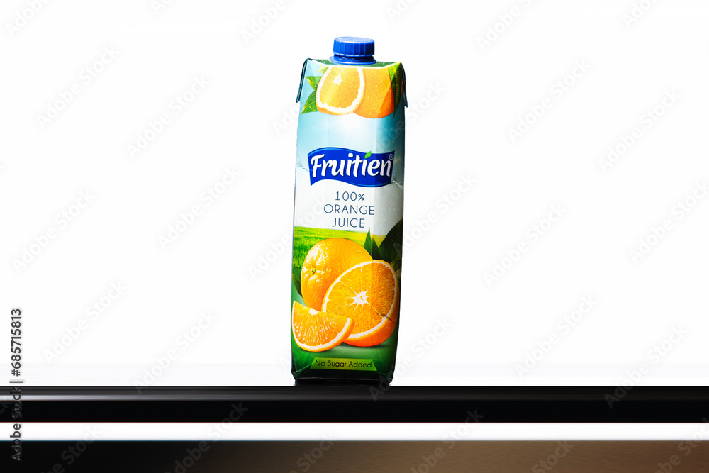 Fruitien orange juice no sugar added 1 litre pack white background ...