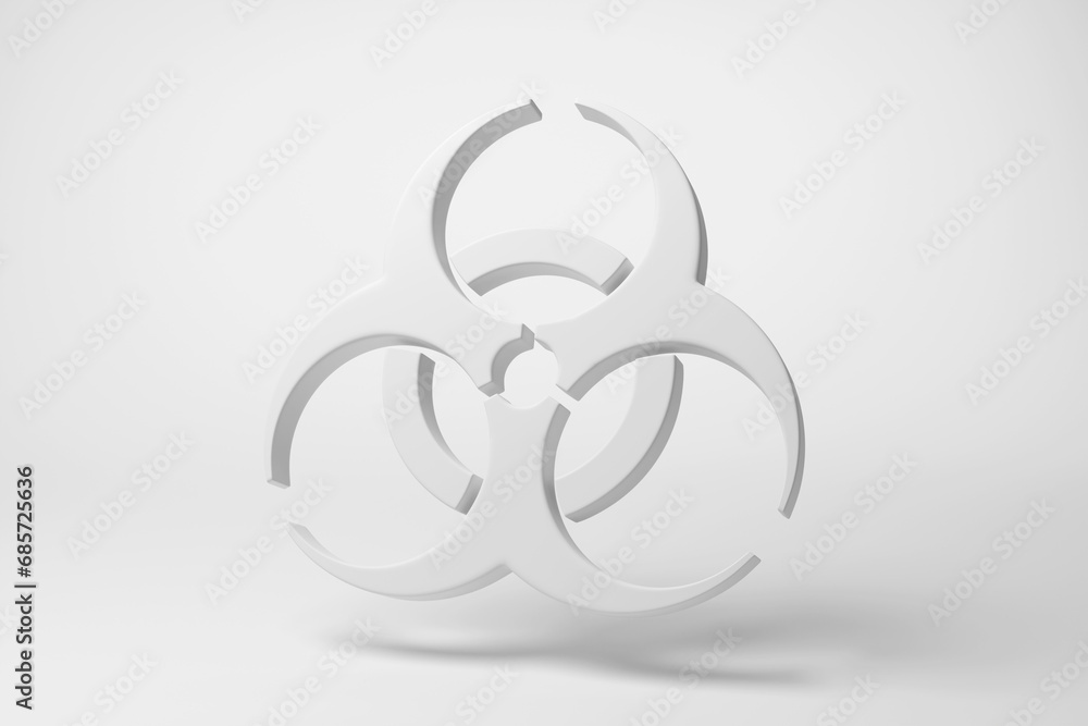 White biohazard symbol floating in mid air on white background in ...