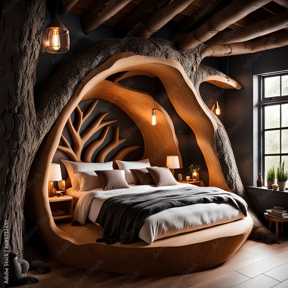 cozy bedroom with a hollow tree bed made from soft foam, resembling a ...