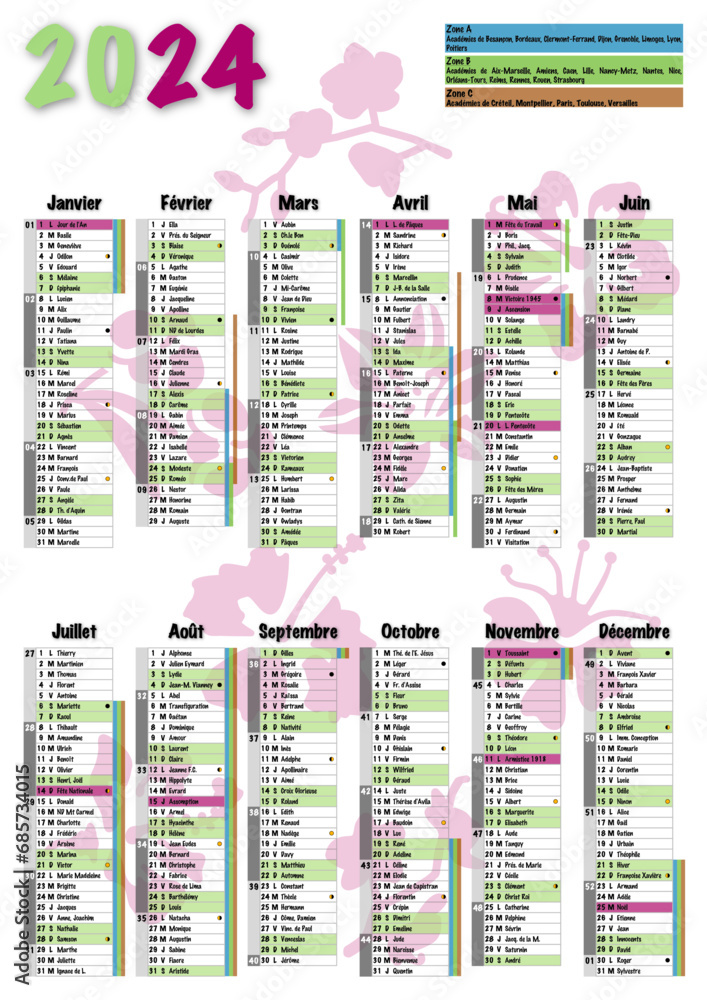Calendrier 2024 A3 avec vacances scolaires, jours fériés, saints du ...