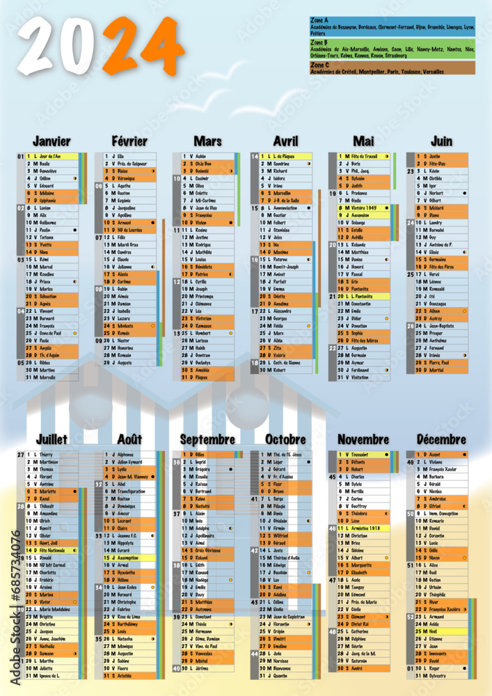 Calendrier 2024 A3 avec vacances scolaires, jours fériés, saints du ...