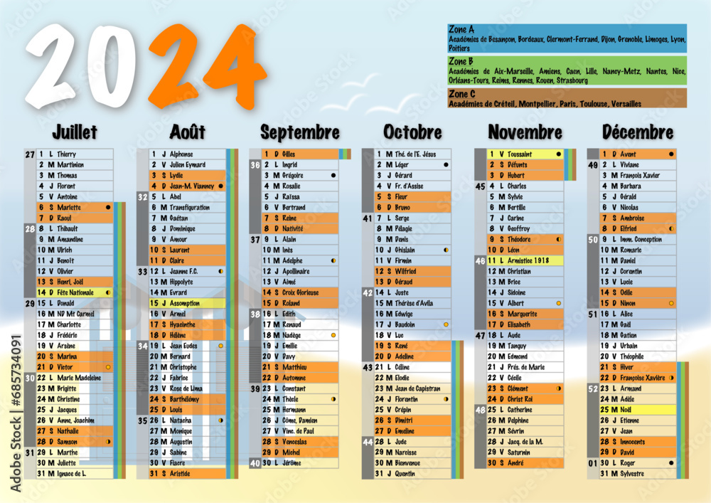 Calendrier 2024 A4 semestre 2 avec vacances scolaires, jours fériés ...