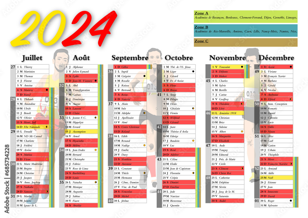 Calendrier 2024 A4 semestre 2 avec vacances scolaires, jours fériés ...