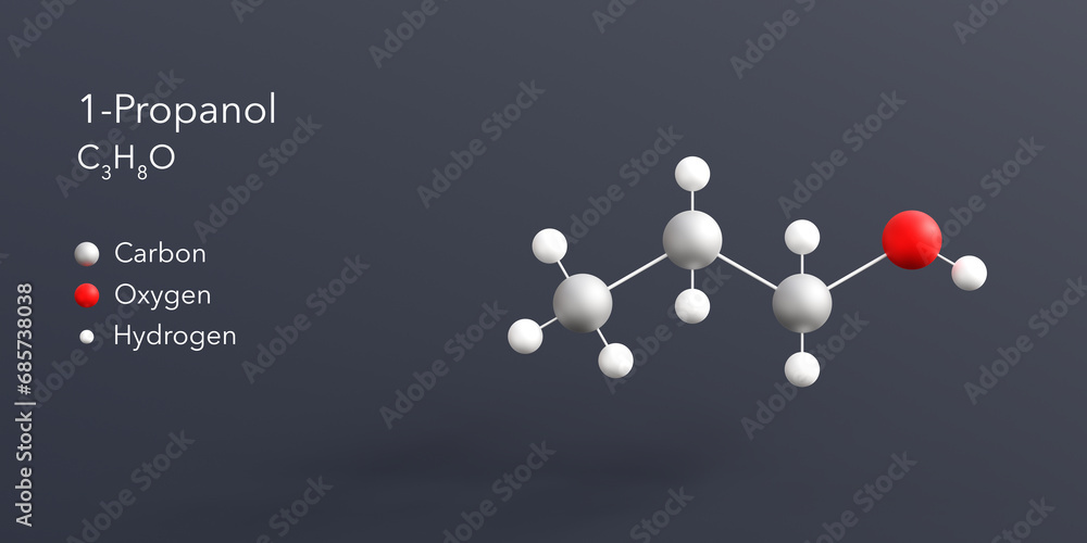 1-propanol molecule 3d rendering, flat molecular structure with chemical formula and atoms color ...