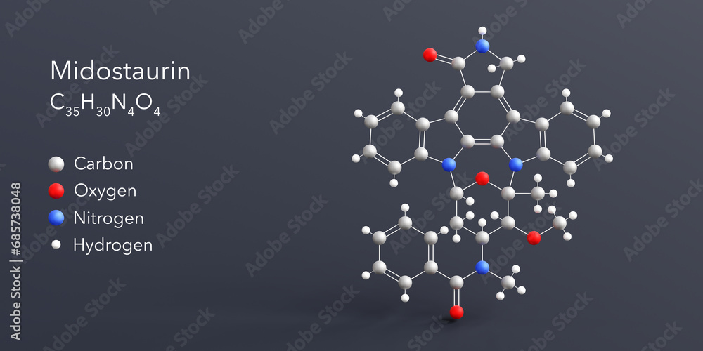 midostaurin molecule 3d rendering, flat molecular structure with ...