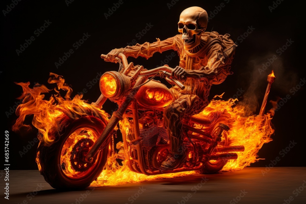 Bone-chilling Human skeleton riding on fire motorbike. Speed race ...