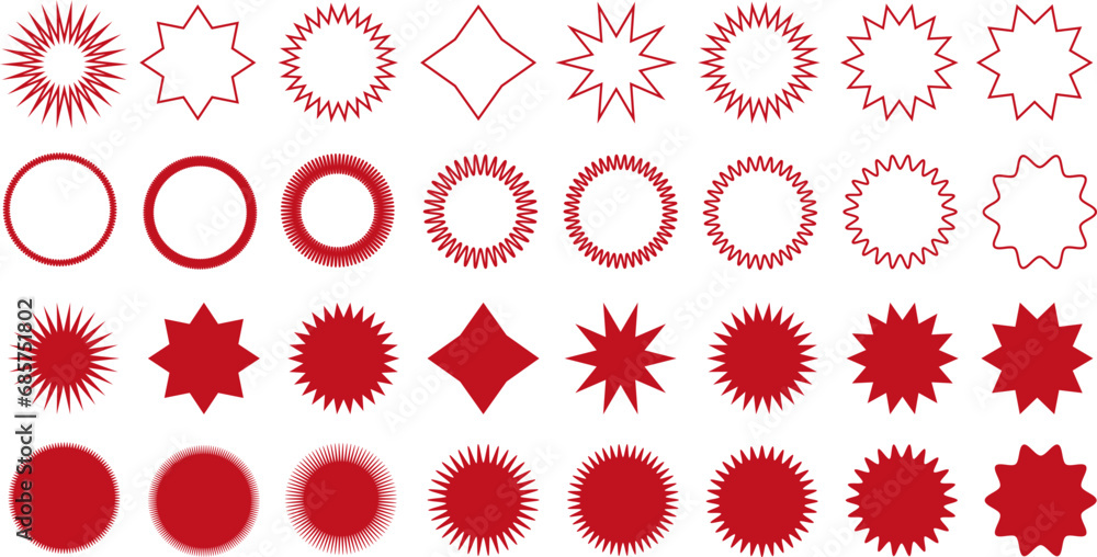 Set of red color stickers for sale, price tag, starbursts, quality mark ...