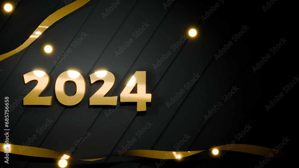 3d rendering of new year 2024, golden ribbons and lights that reflect a ...