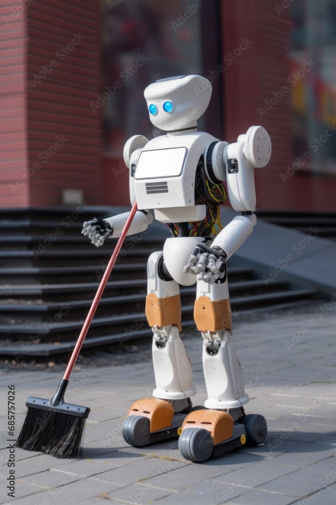 Robotic outdoor street cleaner efficiently tidying and washing outdoors ...