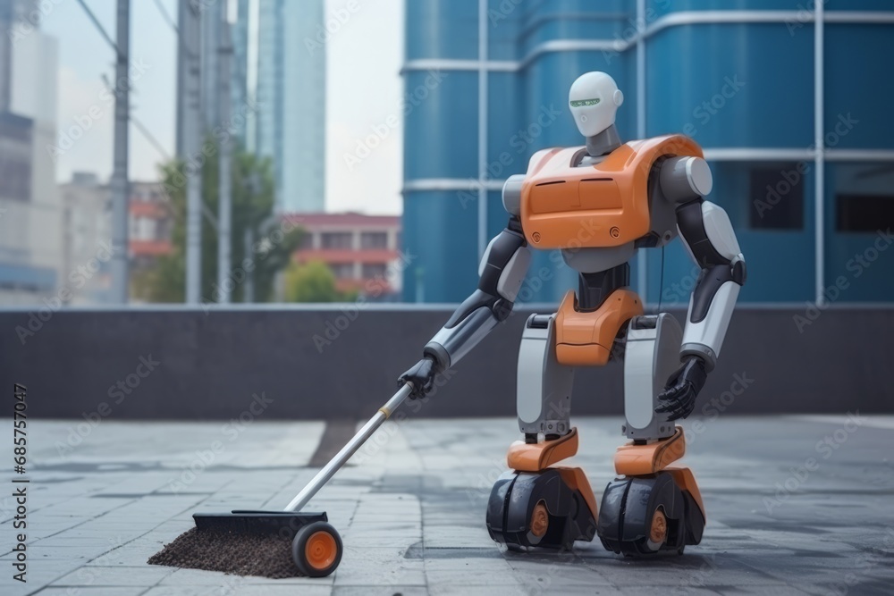 Robotic outdoor street cleaner efficiently tidying and washing outdoors ...