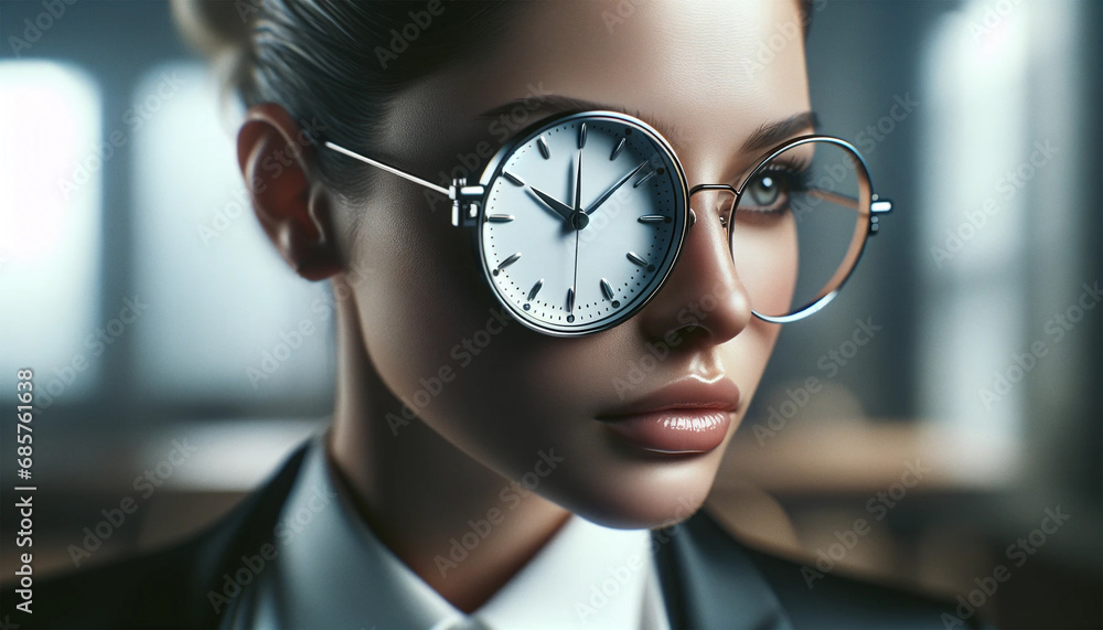woman in a business setting, wearing unique clock eyeglasses with a ...