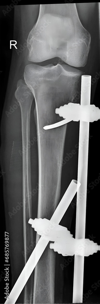 X-ray image of a tibia treated with external fixation. Stock Photo ...
