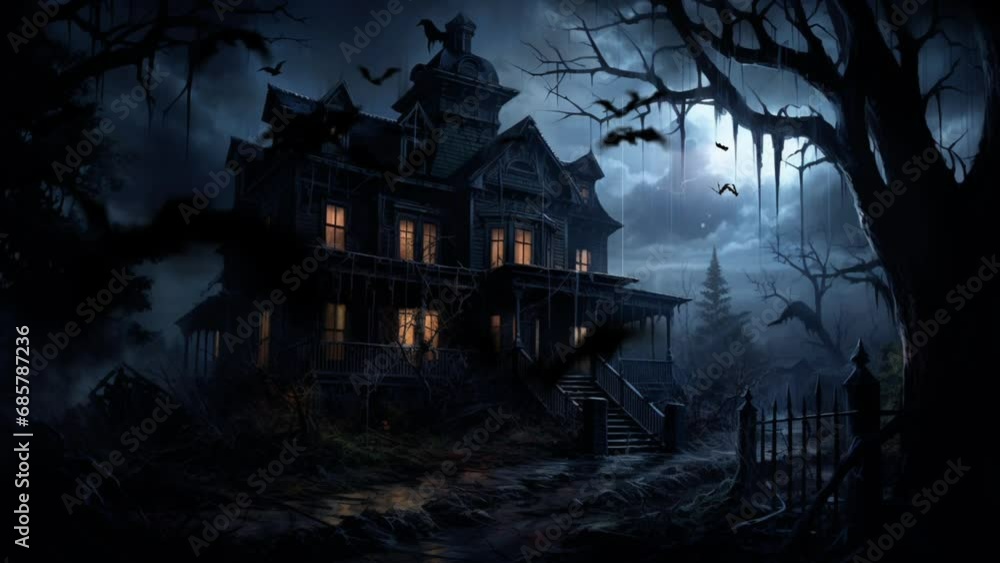 Creepy horror house animation in the forest with fog, bats and full ...