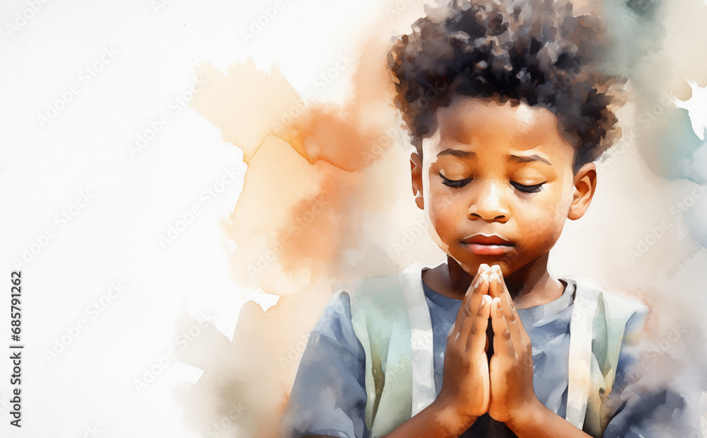 Black Afro boy praying Illustration - Children, Diversity and Religion ...