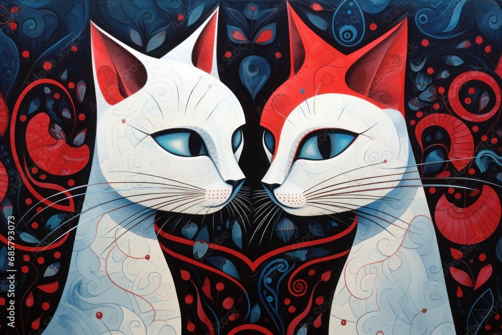 Two stylized cats with white and red patterns against a blue swirled ...