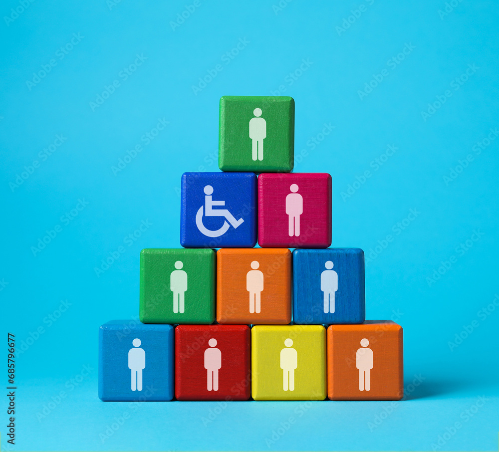 Inclusive workplace culture. Pyramid of colorful cubes with human icons ...