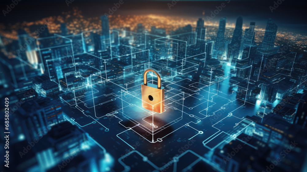 Padlock over glowing abstract city background, cyber security concept ...