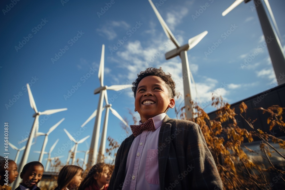 Young teacher with model of wind turbine learning pupils about wind ...