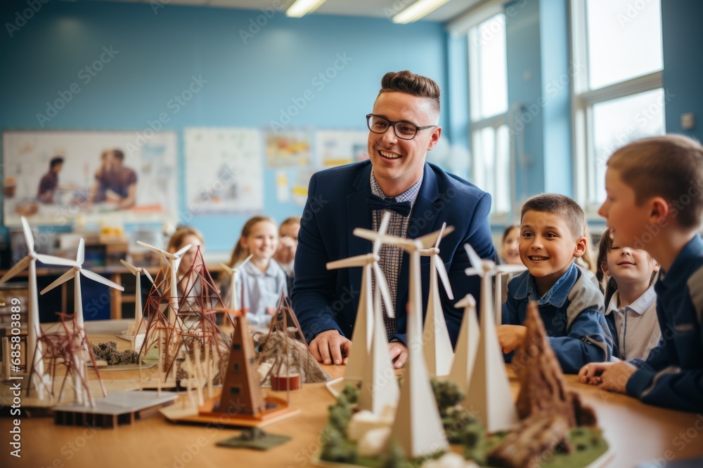 Young teacher with model of wind turbine learning pupils about wind ...