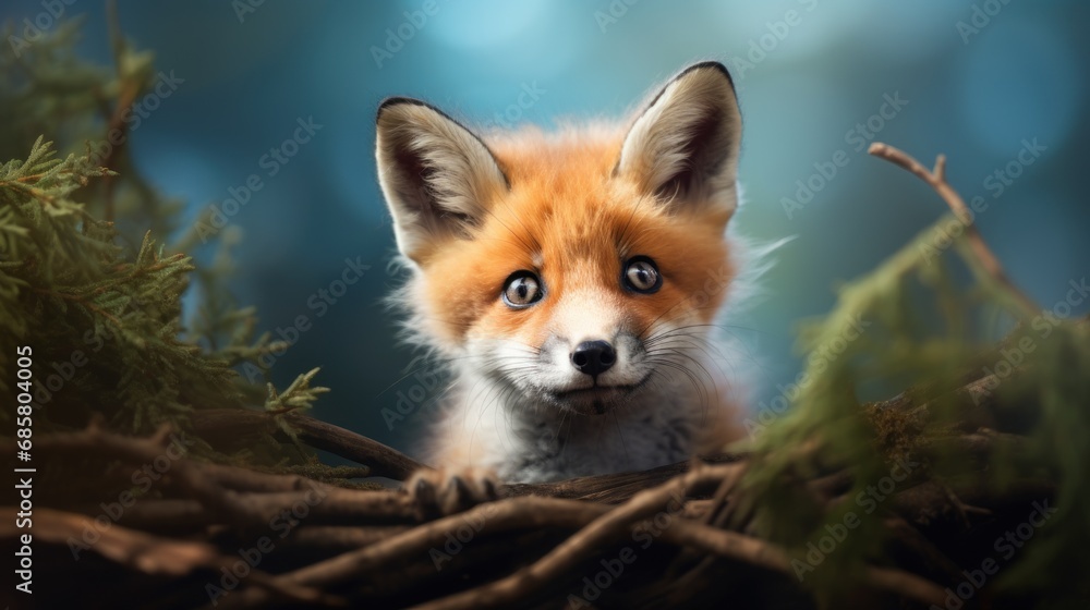 a close up of a small fox on a tree branch with a blurry background and ...