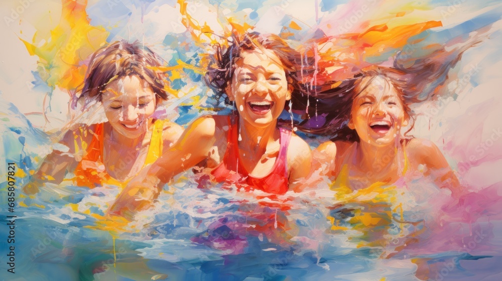 a painting of three girls swimming in a body of water with splashes of ...
