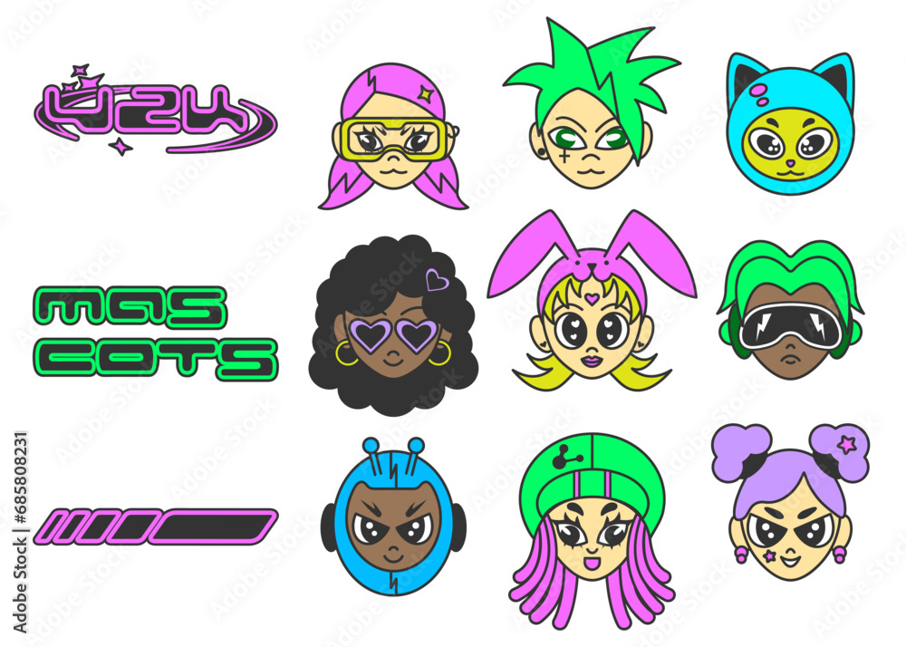 Set of Y2K retro 90s mascots in neon palette. Cool cartoon futuristic ...