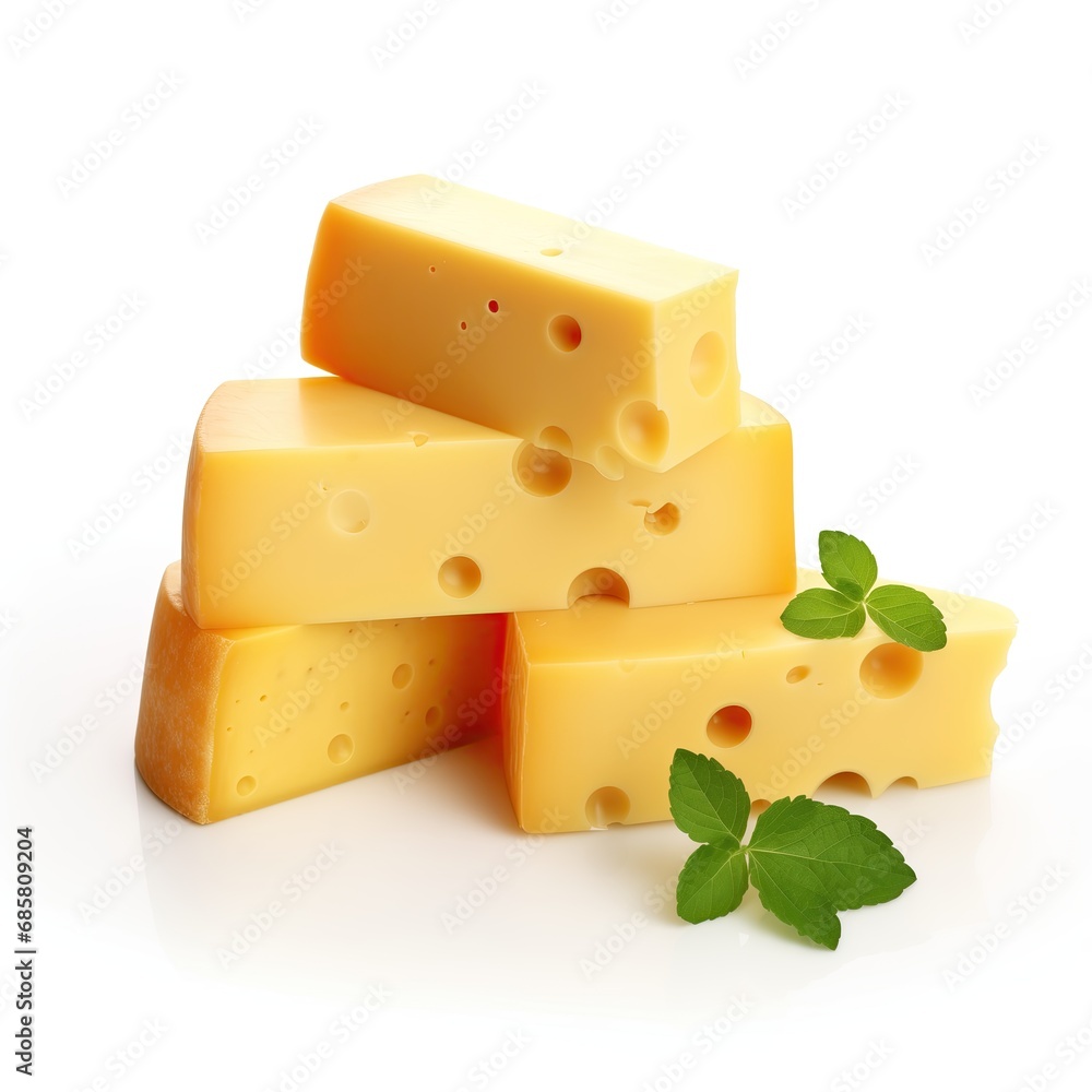 Piled slices of cheese. Cheese on the white background, isolated. Swiss ...